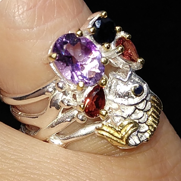 Jewelry | Nice Genuine Sapphire Amethyst Garnet Fish Art Rin | Poshmark